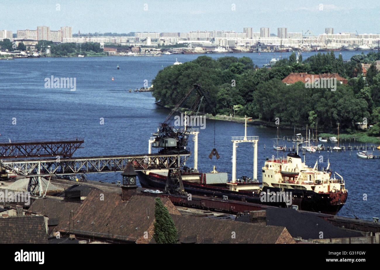 Rostock, DDR, overlooking the Ueberseehafen Rostock at Unterwarnow ...