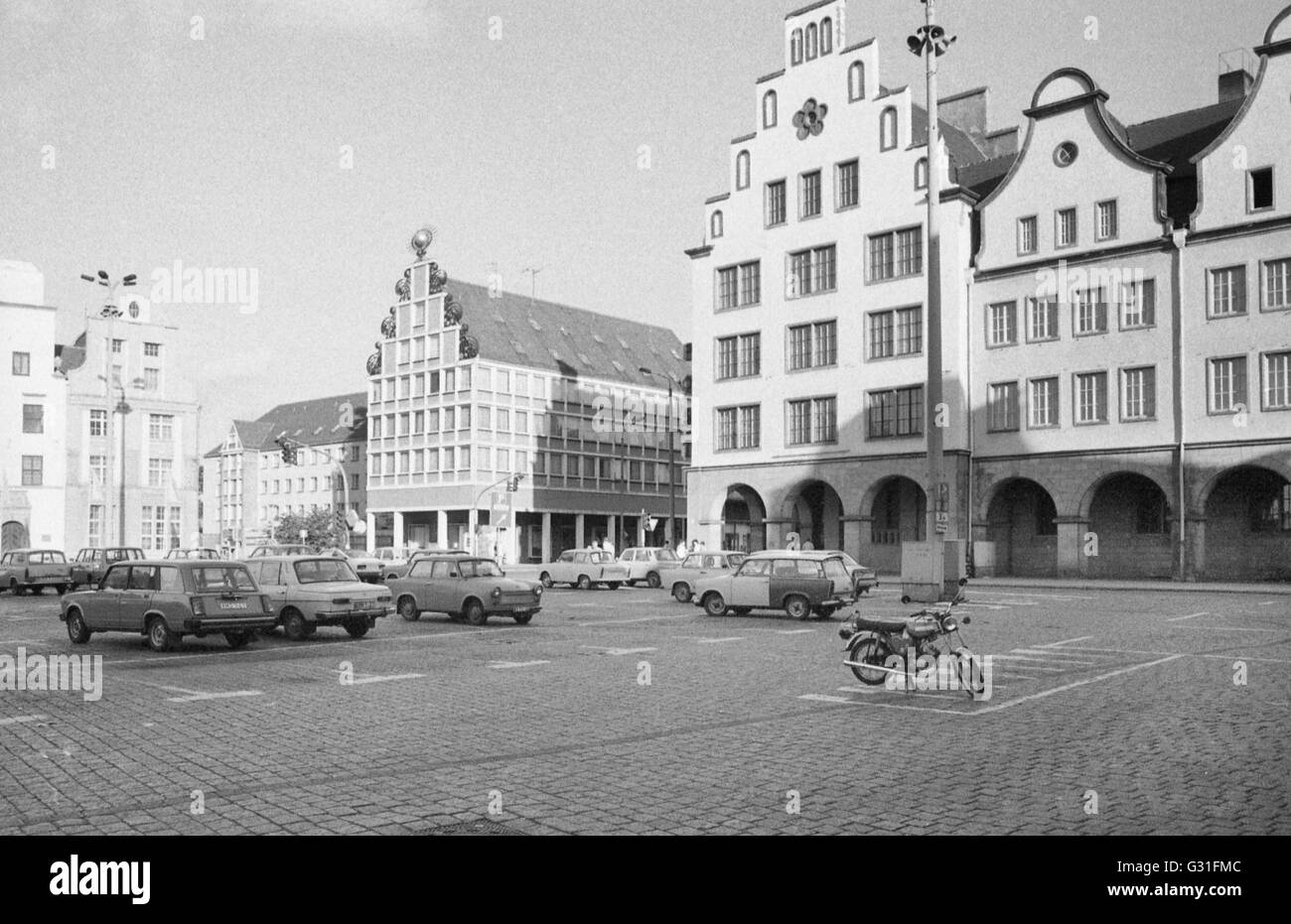 Rostock, GDR, historical Giebelhaeuser on the Neuer Markt Stock Photo ...