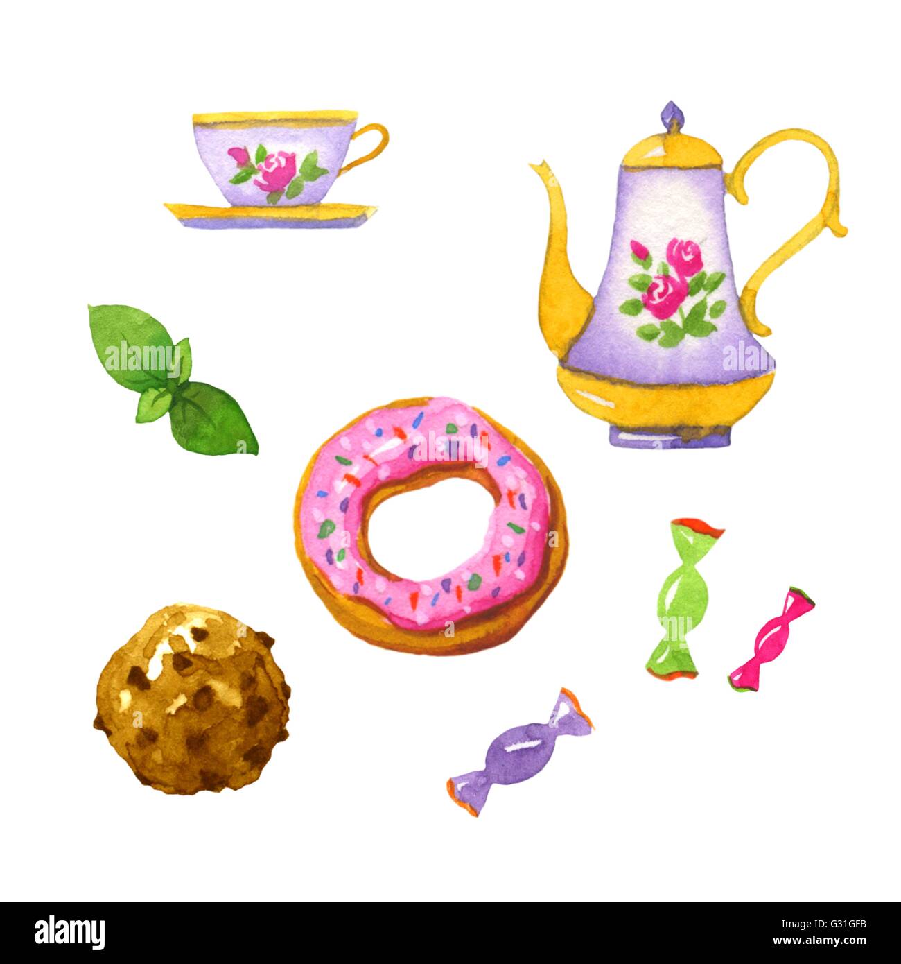 Tea watercolor illustrations, over white Stock Photo - Alamy