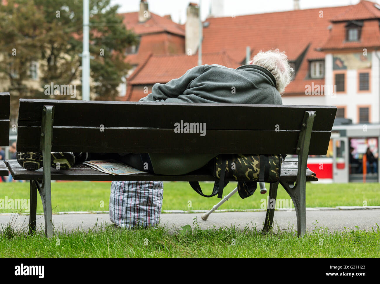 Prague, Czech Republic, homeless on a bench Stock Photo - Alamy