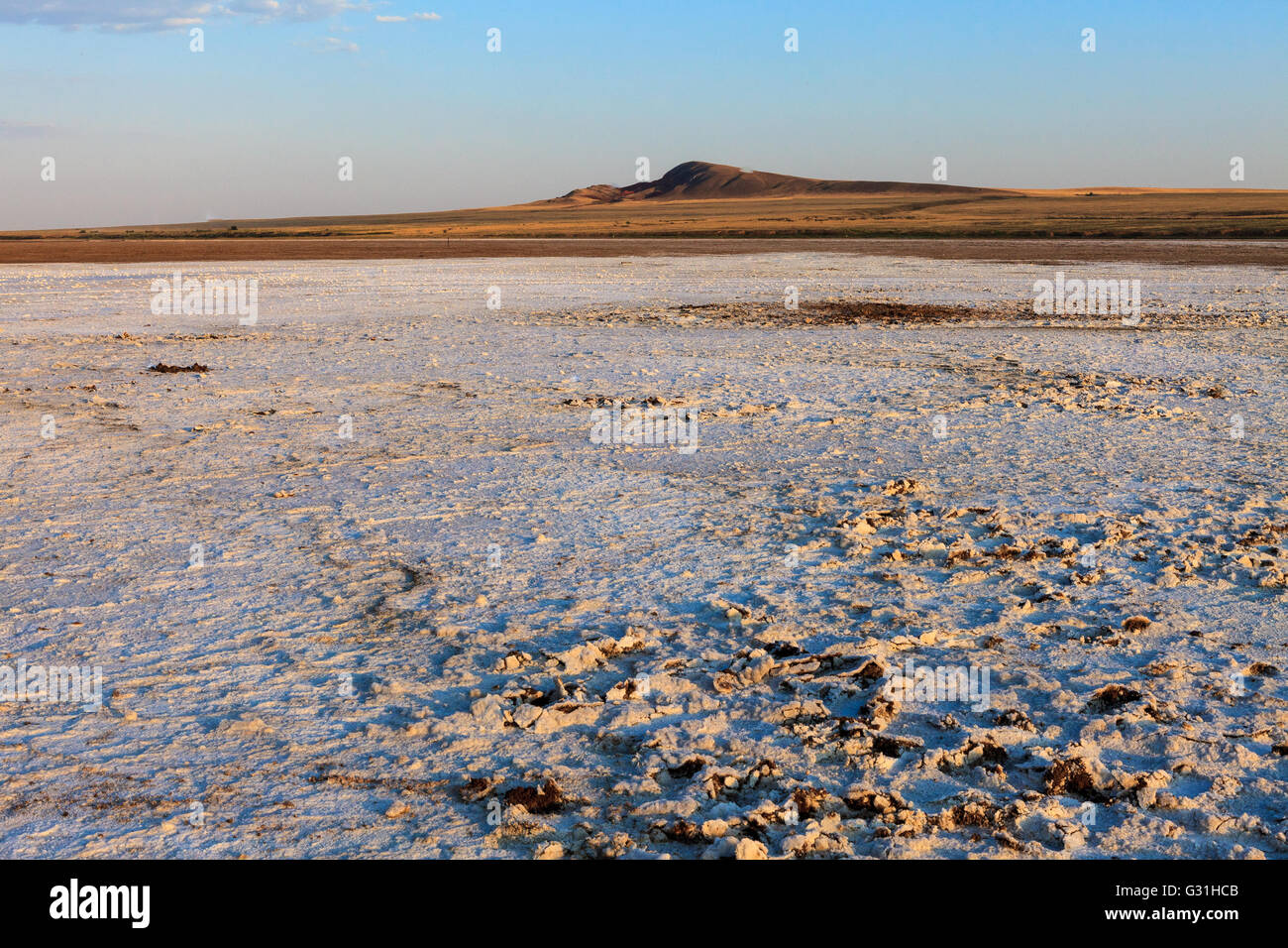 Salt crust on the surface of the desert and the lonely mountain.Evening ...
