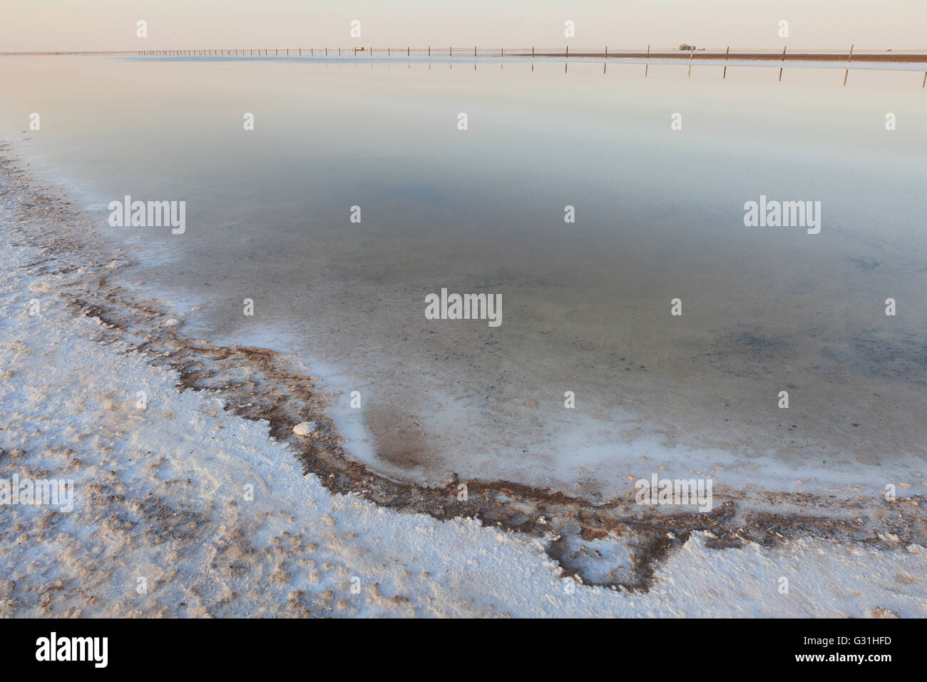 The surface of the lake with very salty water and wooden pillars and a ...
