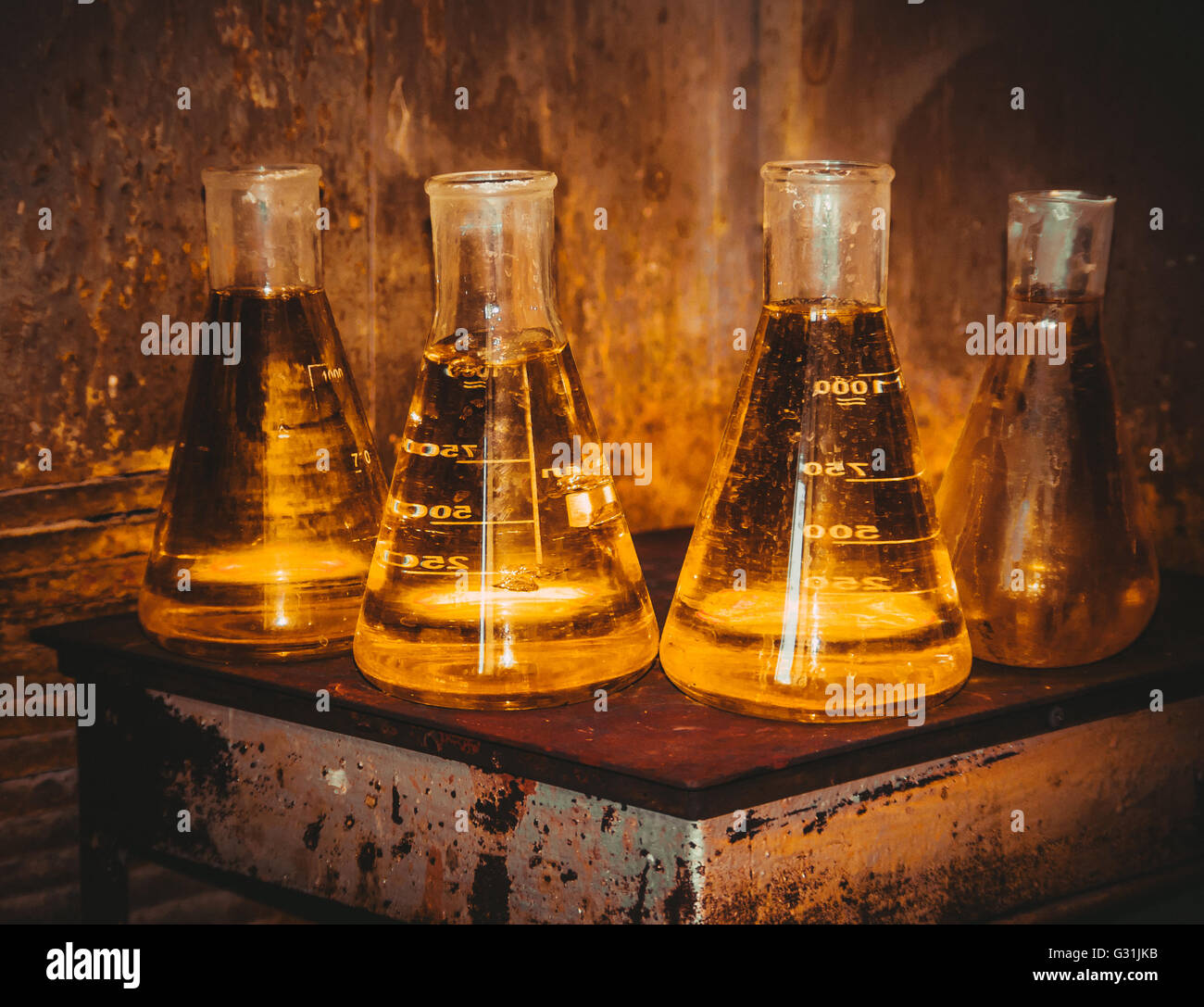 flasks with reagents in the test laboratory, FILTERED for retro effect ...