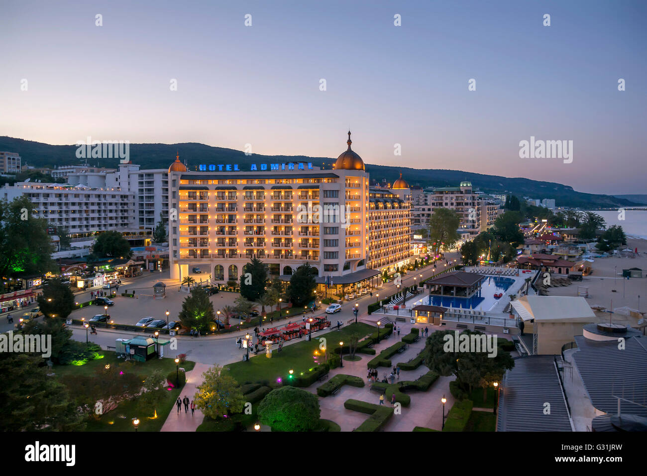 Golden Sands Beach resort - aerial night view seen from famous Panorama ...