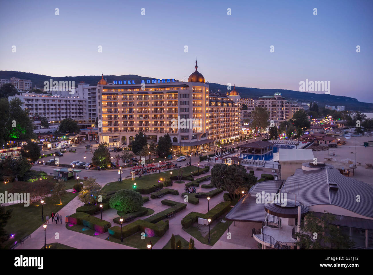 Golden Sands Beach resort - aerial night view seen from famous Panorama ...
