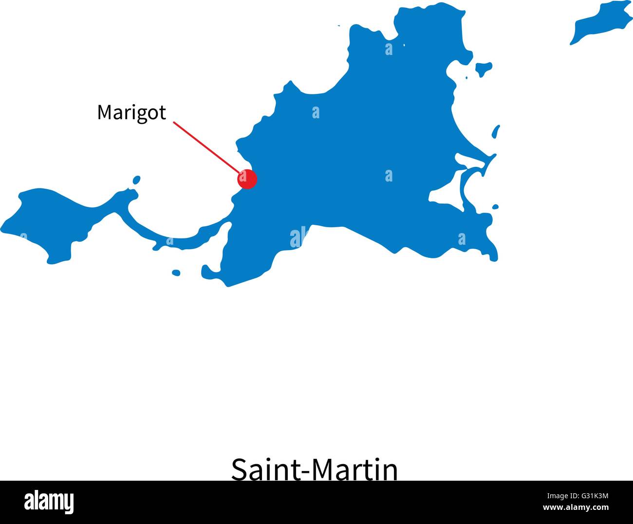 Detailed vector map of Saint-Martin and capital city Marigot Stock ...