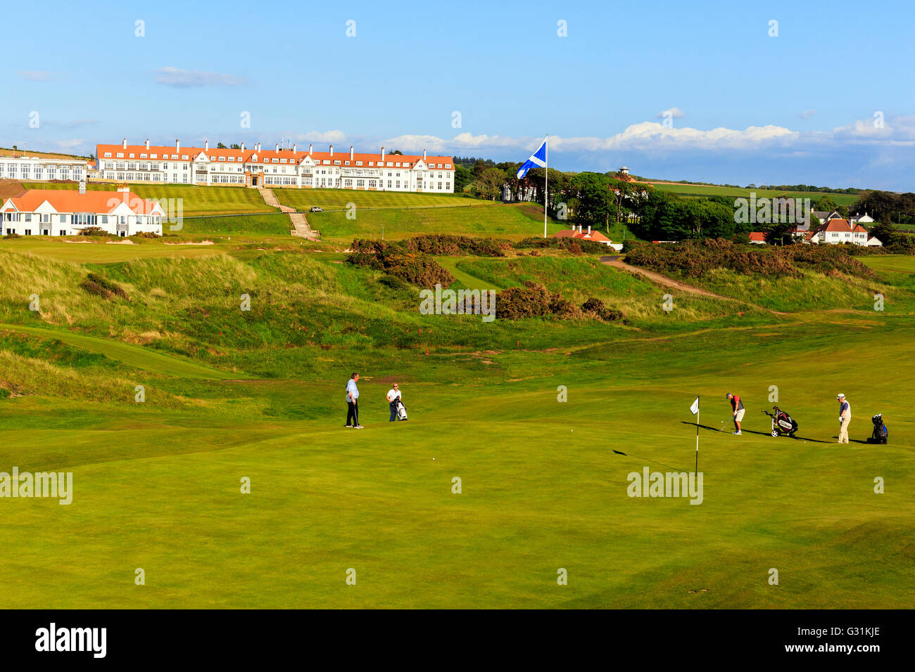 Golfers playing on the fifth green of the Ailsa Golf course of Trump ...