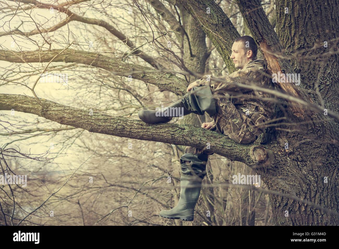 Cheerful young man sitting on tree branch looking into the distance and ...