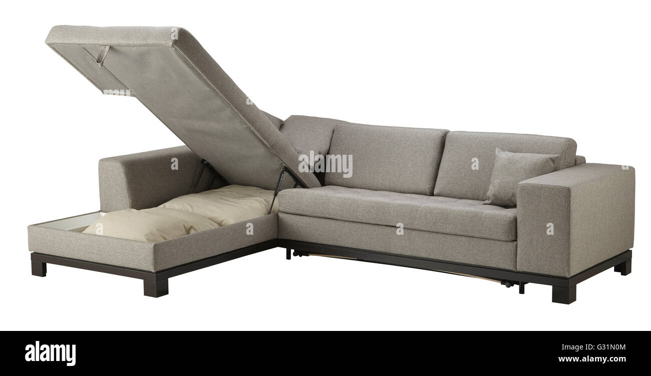 Grey corner couch bed with storage isolated on white include clipping ...