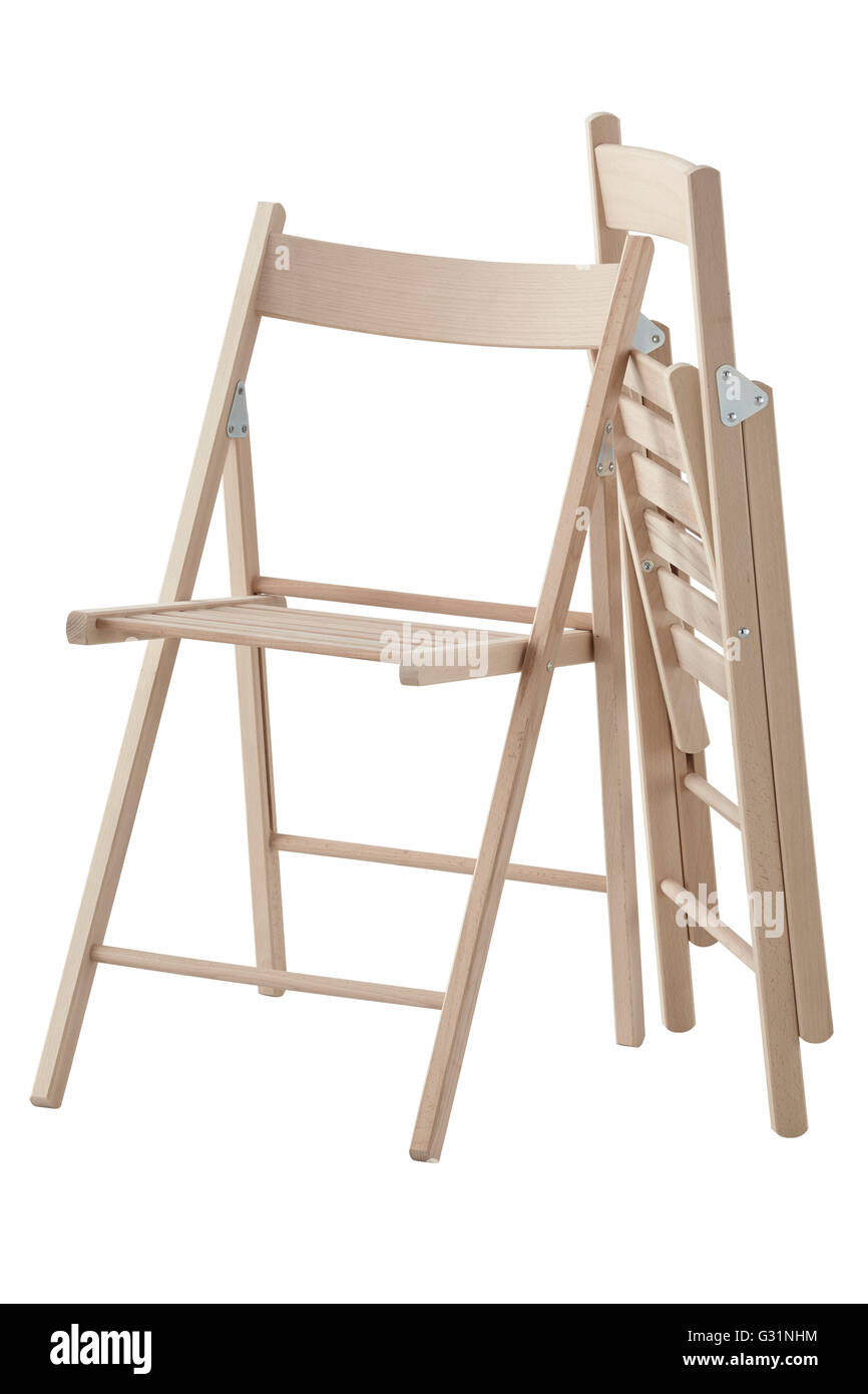 Wooden folding chairs isolated on white background. In the working ...