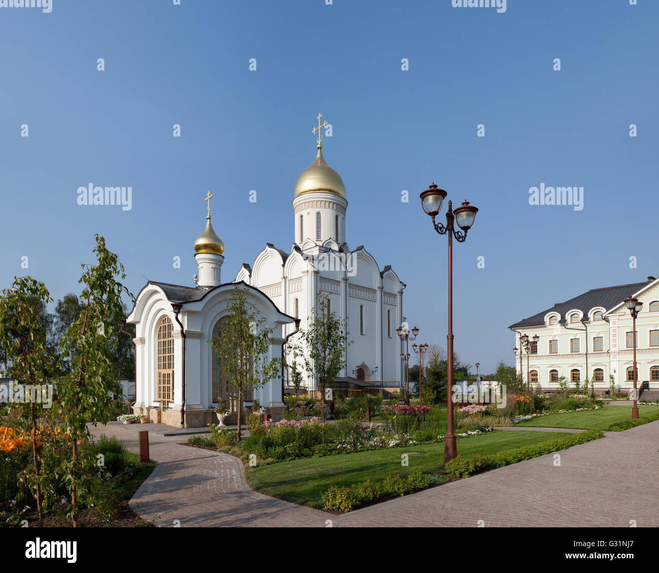 Orthodox monastery. Church on the background of blue sky, chapel and ...