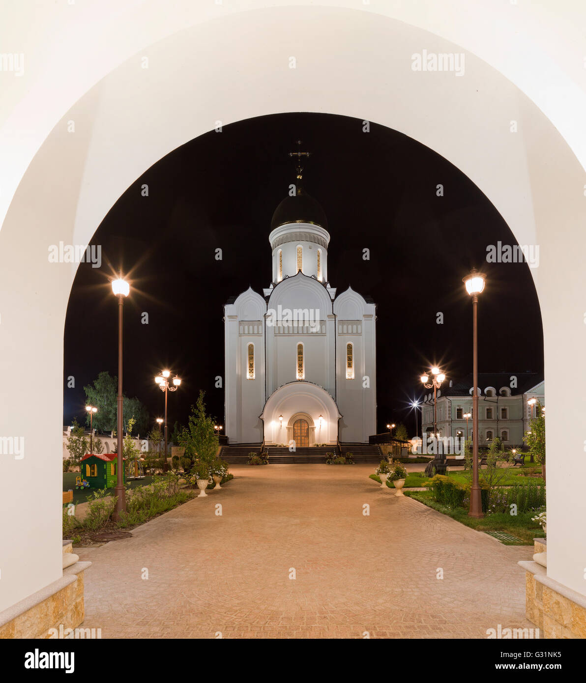 Orthodox temple complex. View through the portal to the temple with ...