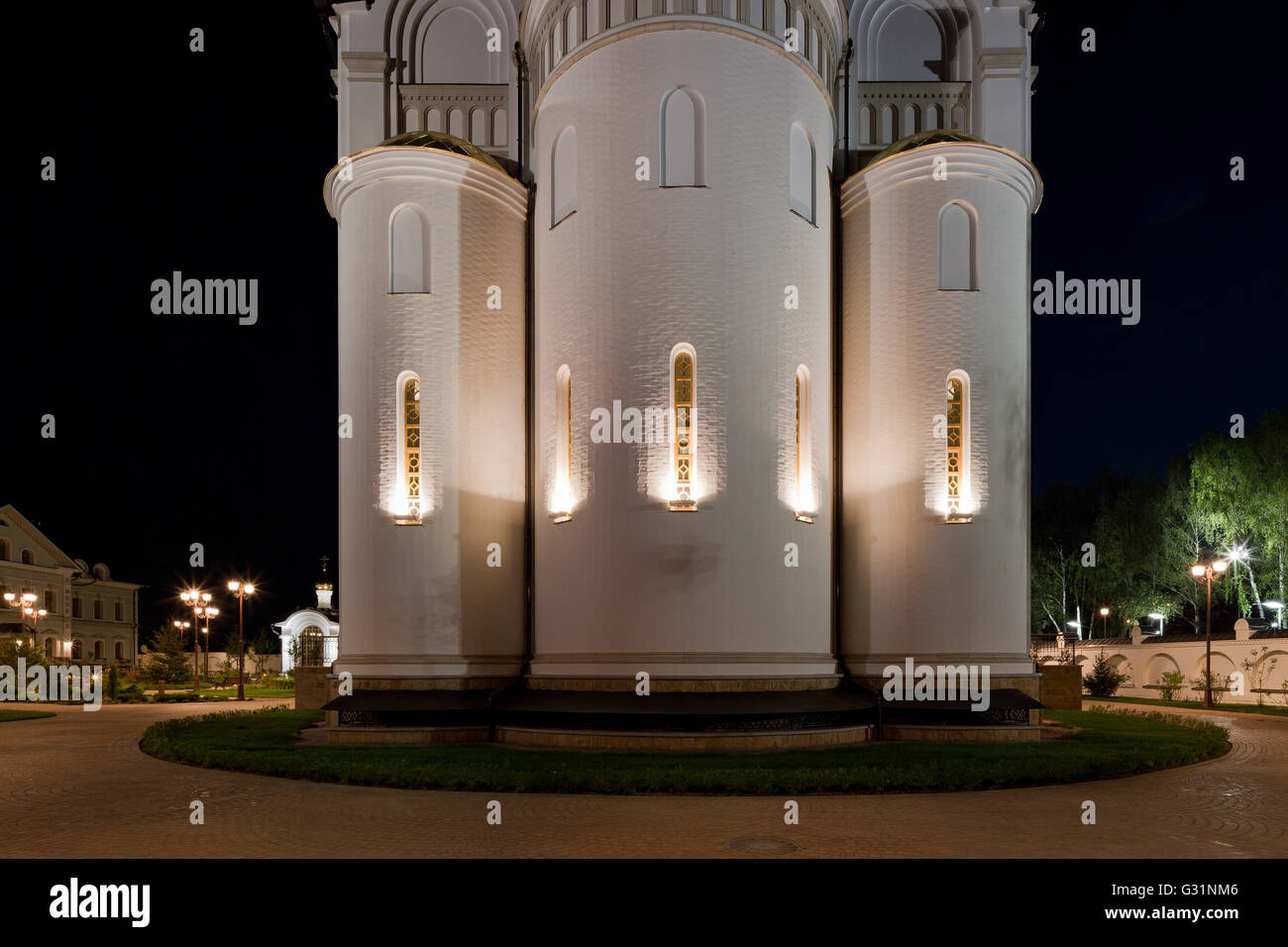The apse of the Church. Orthodox temple complex. Architectural lighting ...