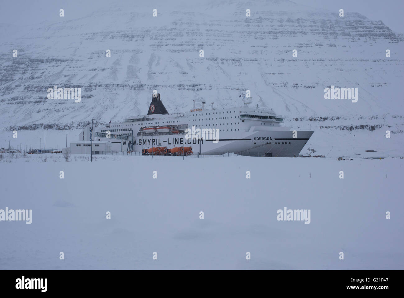 Fjord of the hearth, Iceland, ferry the Smyril Line in port Stock Photo ...