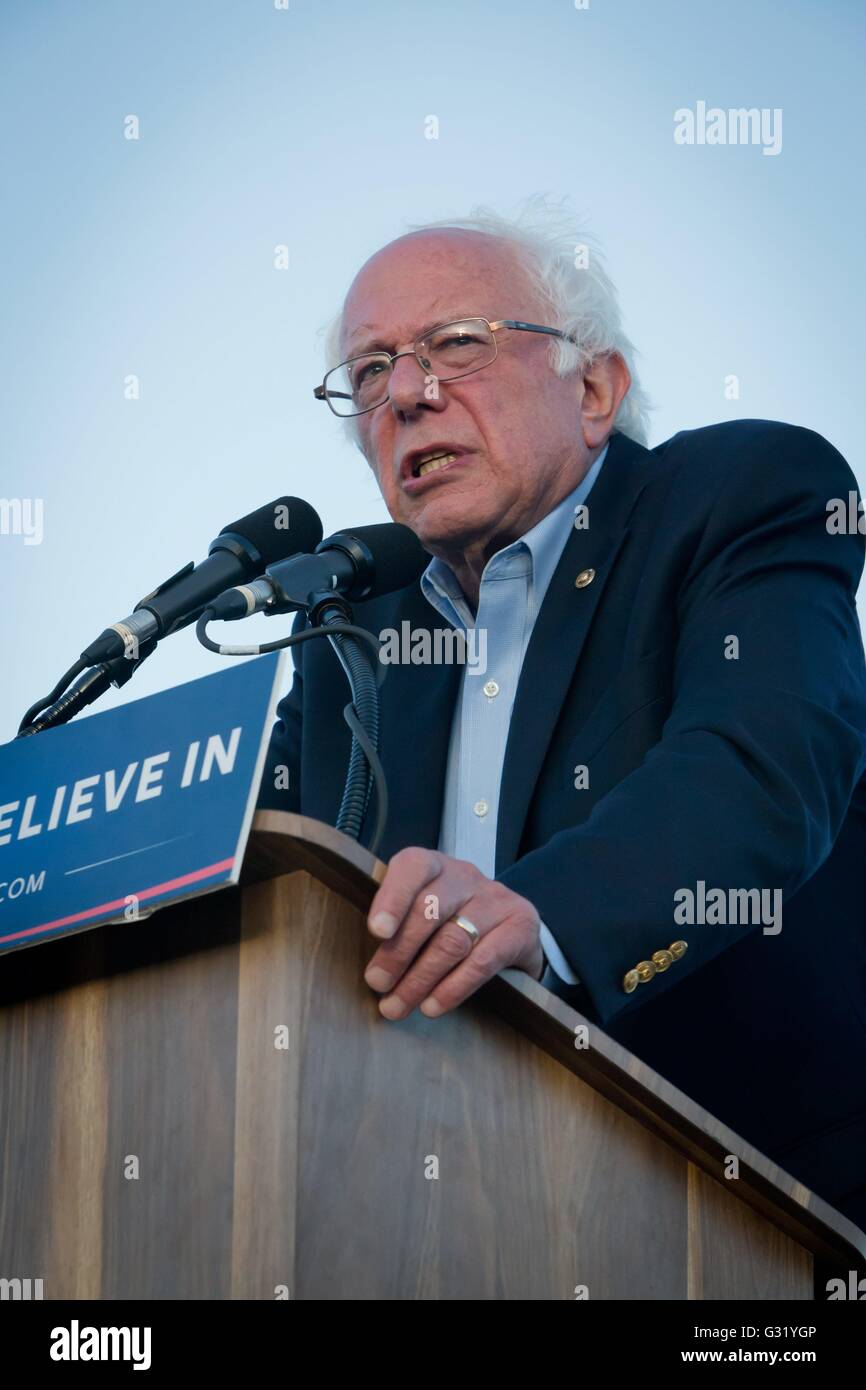 Bernie Sanders holding a speech at a rally in San Diego, in June 2016 ...