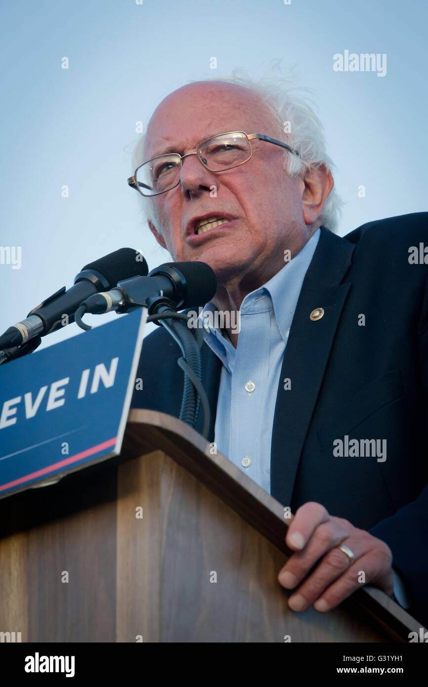 Bernie Sanders holding a speech at a rally in San Diego, in June 2016 ...