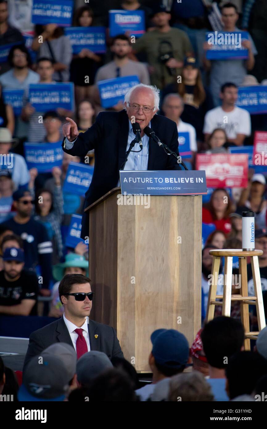 Bernie Sanders holding a speech at a rally in San Diego, in June 2016 ...