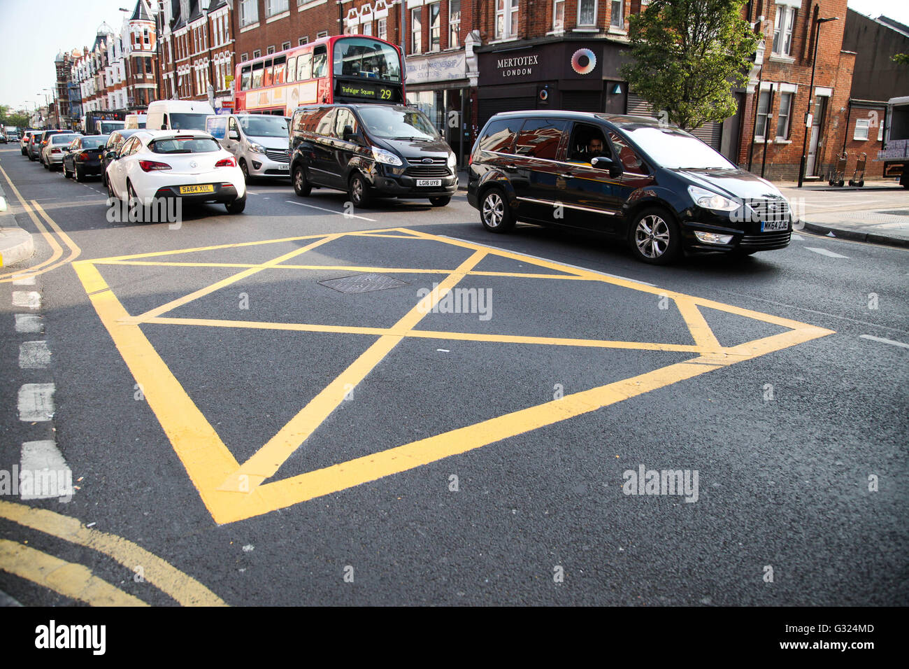 Harringay, North London 7 June 2016. Yellow Box marking at the junction ...