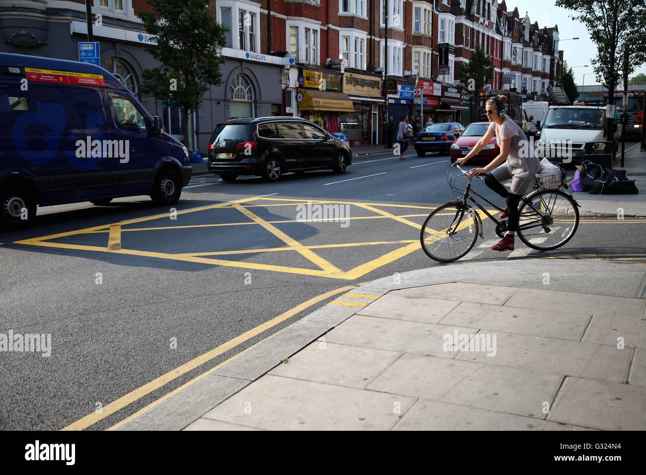 Harringay, North London 7 June 2016. Yellow Box marking at the junction ...