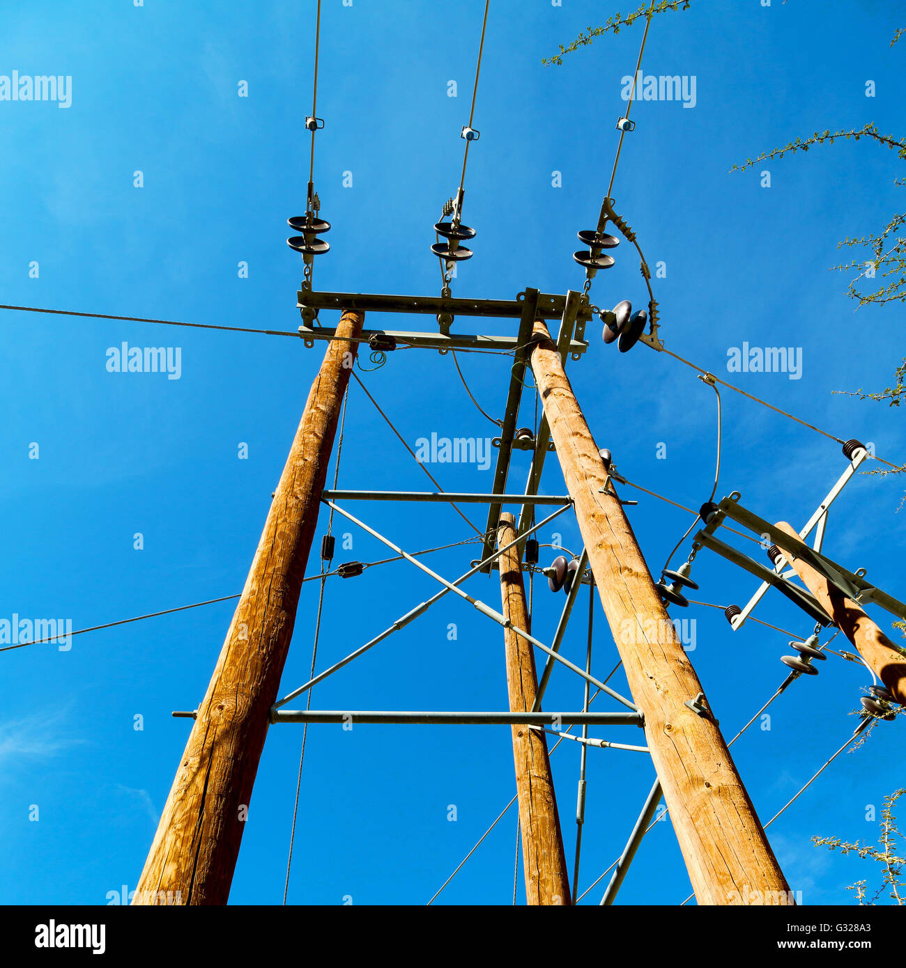 wood pylon energy and current line in oman the electric cable Stock ...