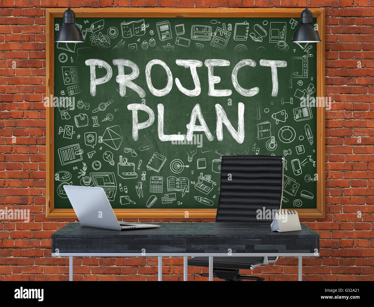 Project Plan on Chalkboard with Doodle Icons Stock Photo - Alamy