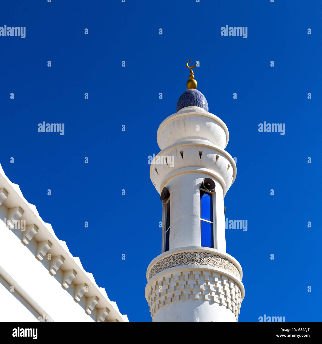 minaret and religion in clear sky in oman muscat the old mosque Stock ...