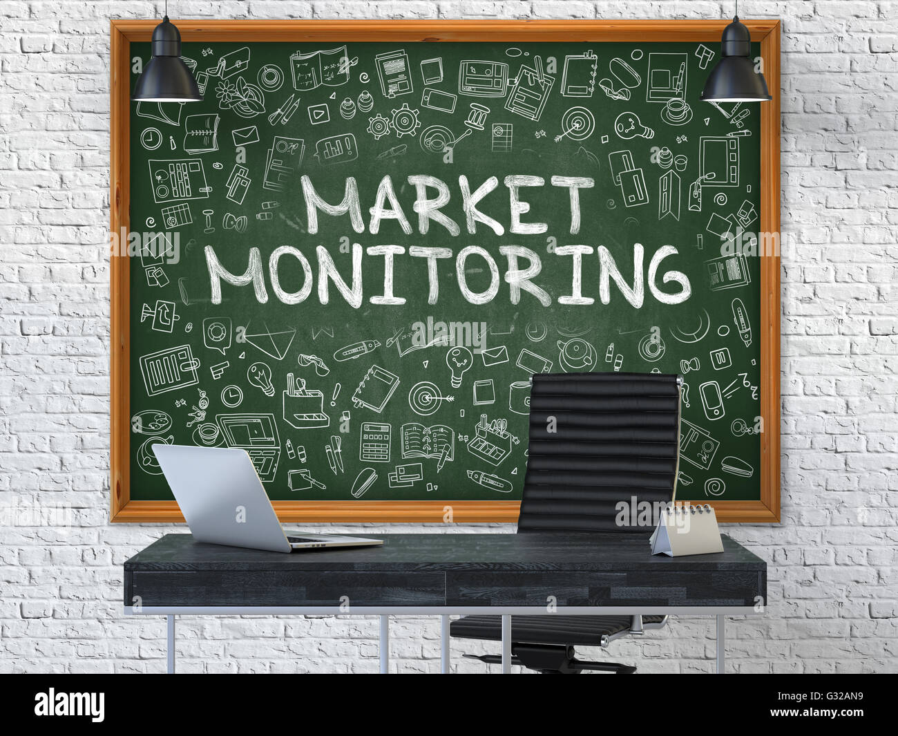 Market Monitoring on Chalkboard with Doodle Icons Stock Photo - Alamy