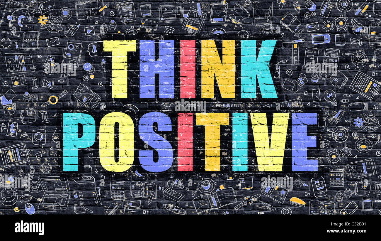 Multicolor Think Positive on Dark Brickwall. Doodle Style Stock Photo ...