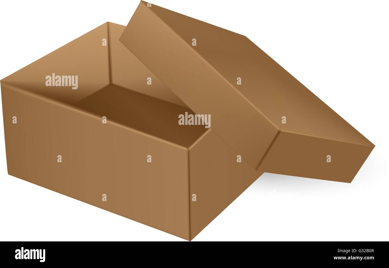 VECTOR PACKAGING: Top view of open thick brown packaging box with cover ...