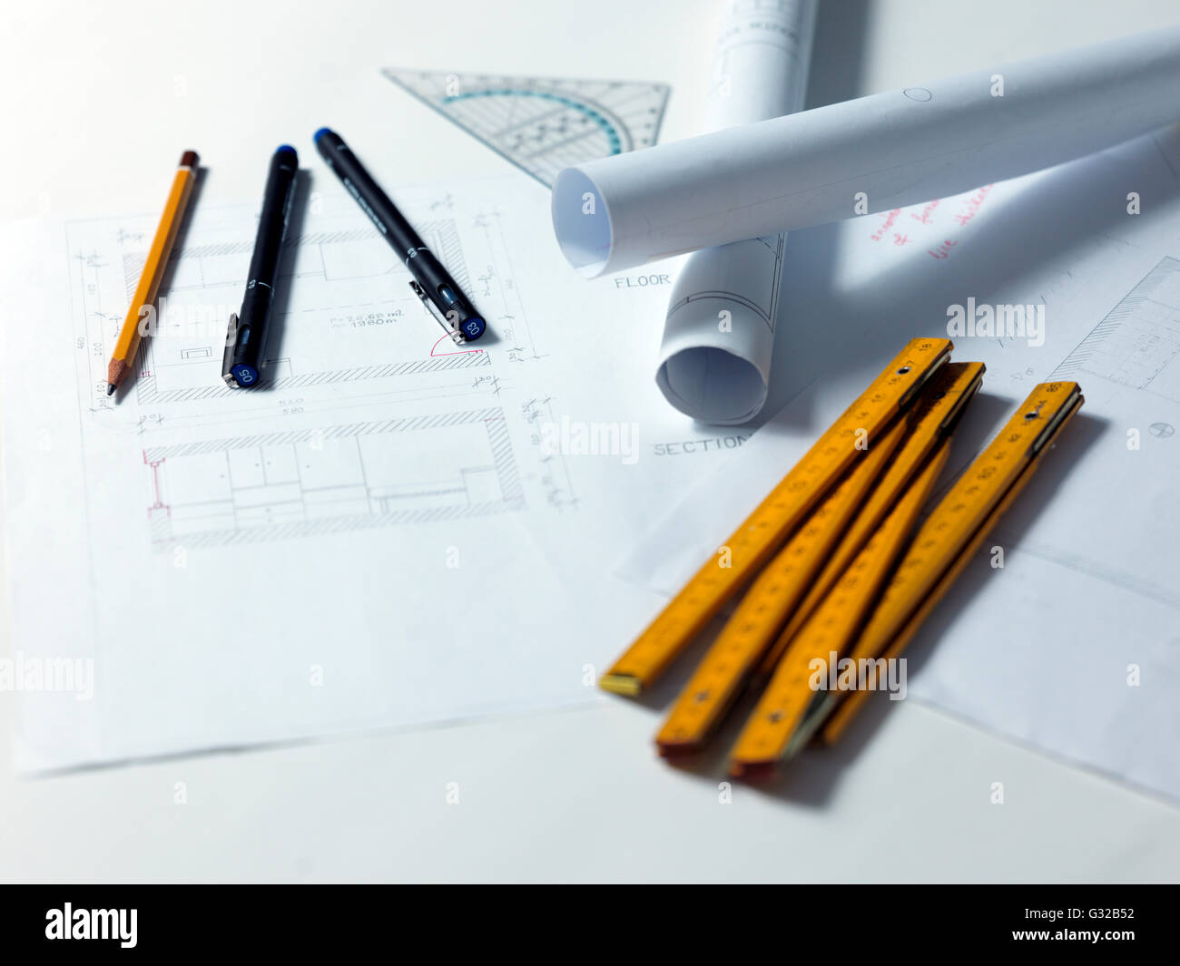 Pencils, rulers on the drawing Stock Photo - Alamy