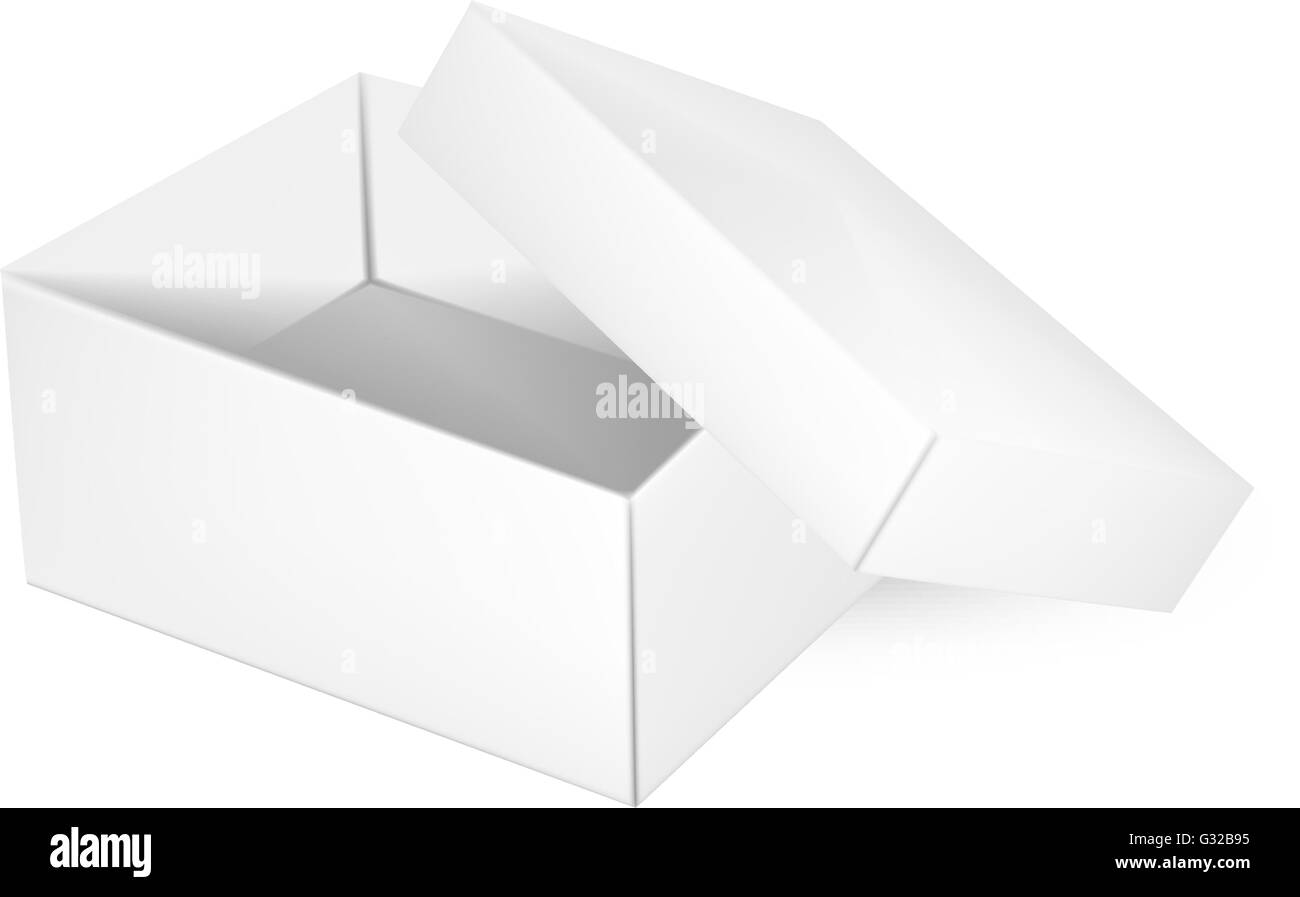 VECTOR PACKAGING: Top view of open thick white packaging box with cover ...