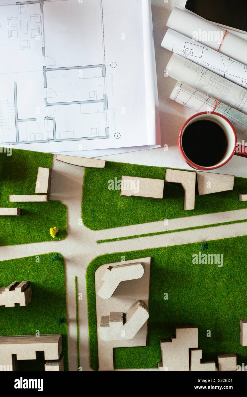 Top view of architect drawing on architectural project Stock Photo - Alamy