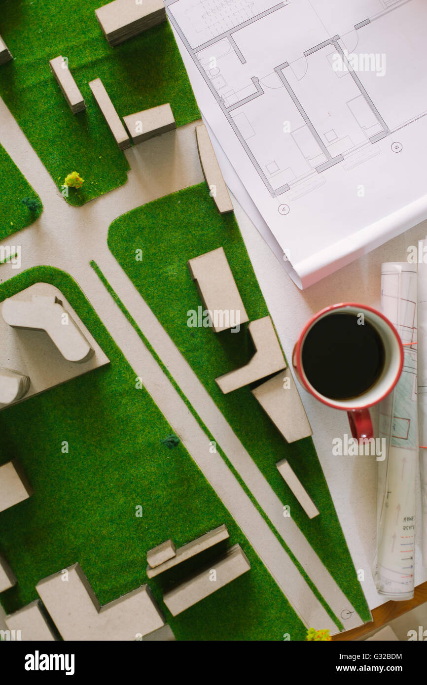 Top view of architect drawing on architectural project Stock Photo - Alamy