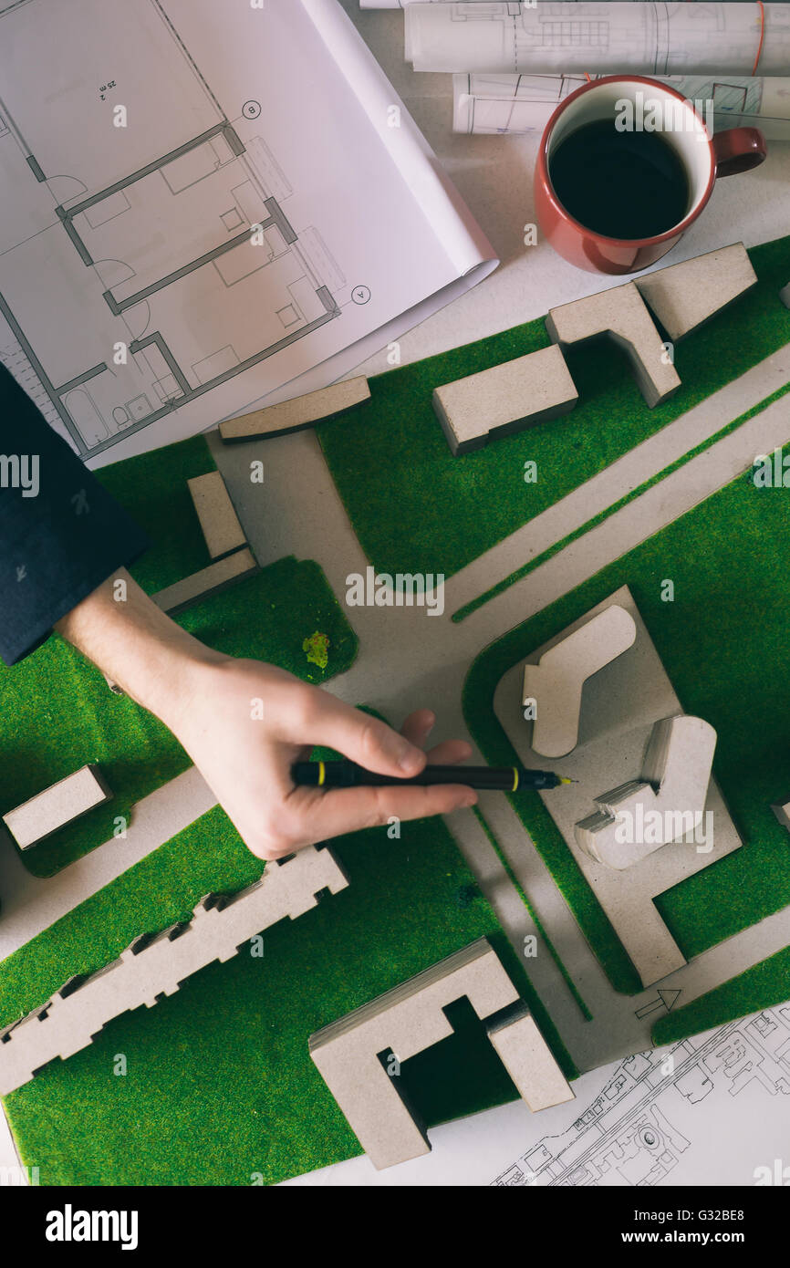 Top view of architect drawing on architectural project Stock Photo - Alamy