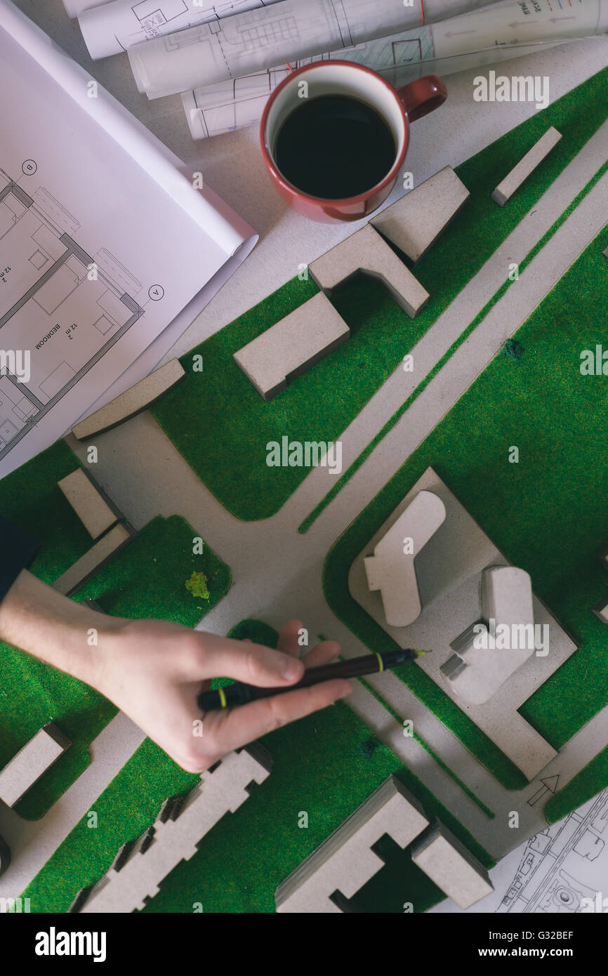 Top view of architect drawing on architectural project Stock Photo - Alamy