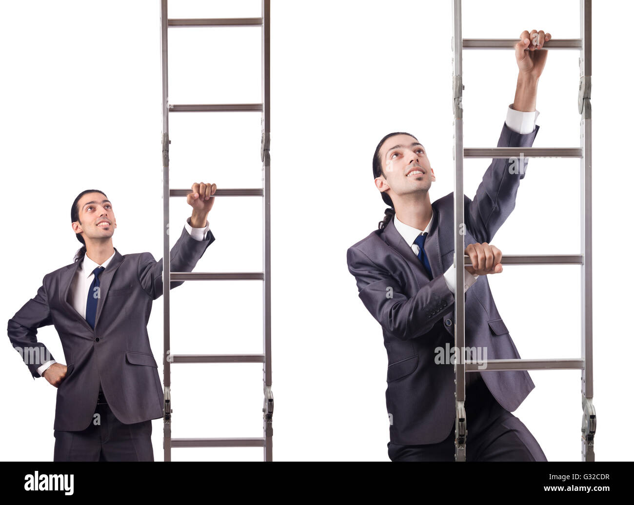 Businessman climbing the ladder isolated on white Stock Photo - Alamy