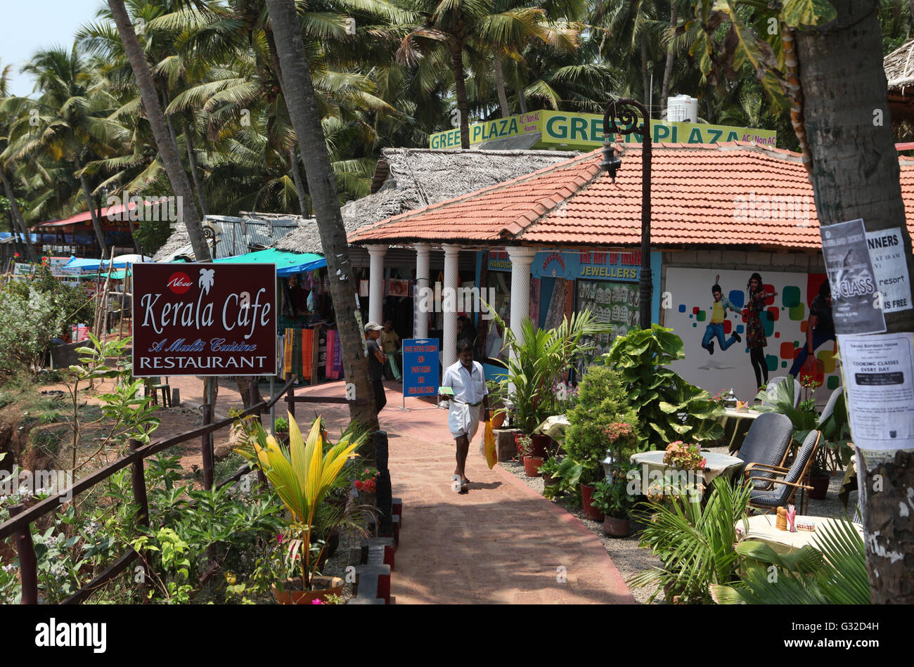 Restaurants and shops under palm trees, Varkala Beach, Kerala, India ...