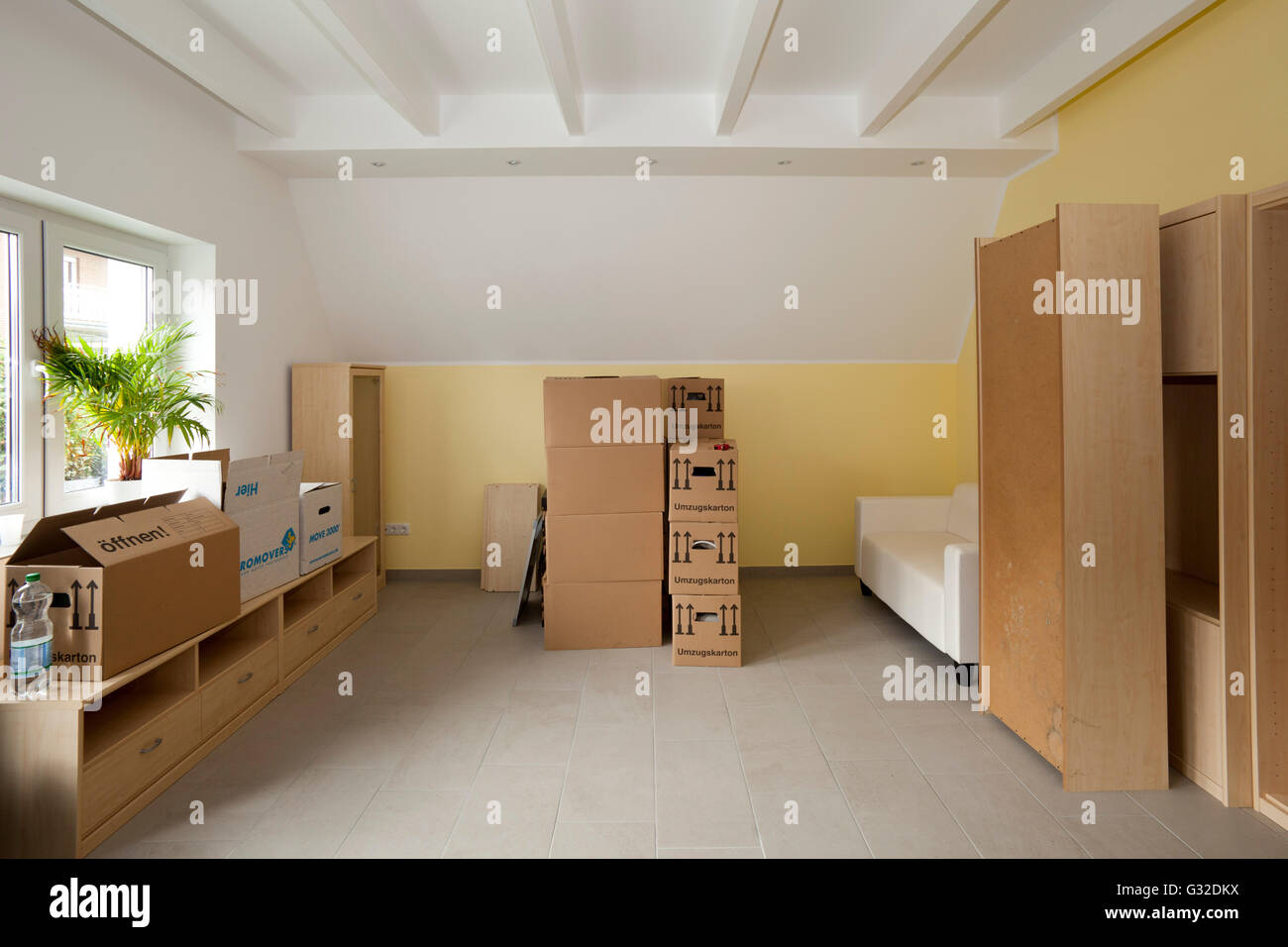 Living room with moving boxes Stock Photo - Alamy