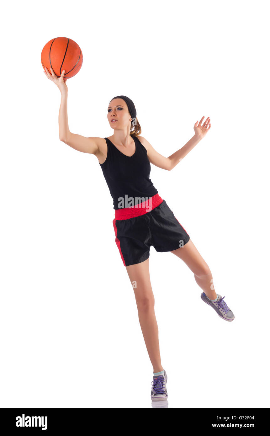 Woman playing basketball isolated on white Stock Photo - Alamy