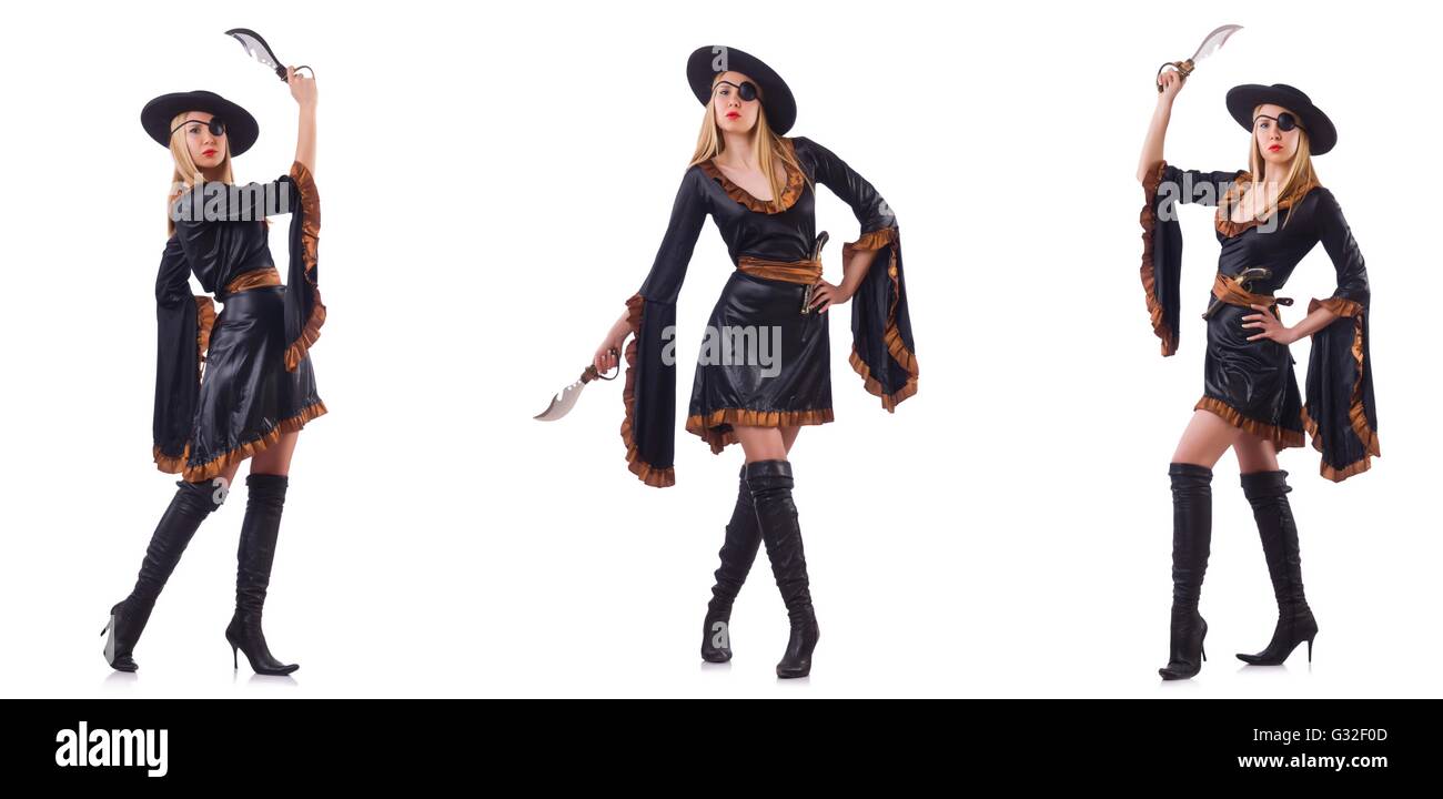 Woman pirate in various poses on white Stock Photo - Alamy