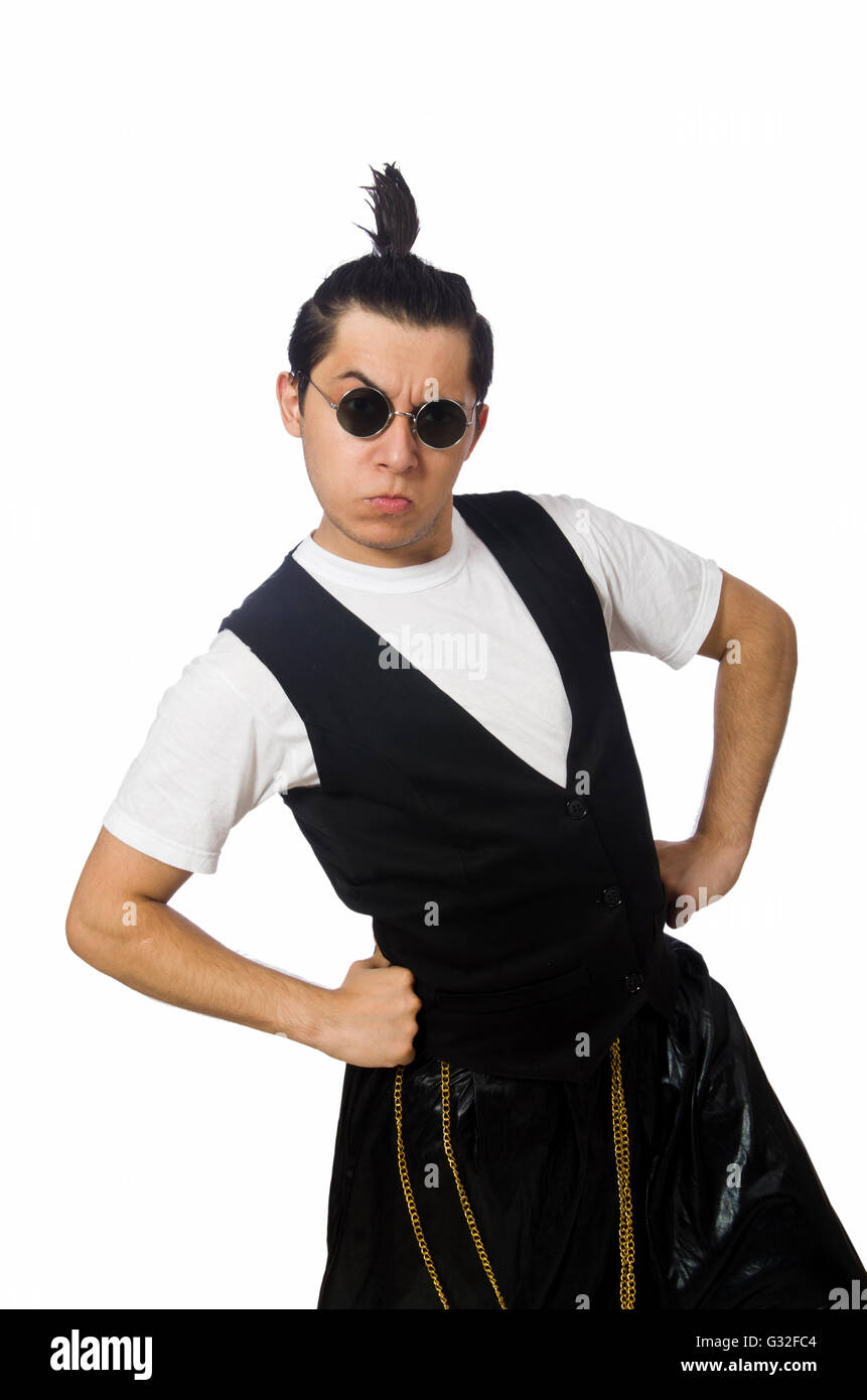 Funny young man dancing isolated on white Stock Photo - Alamy