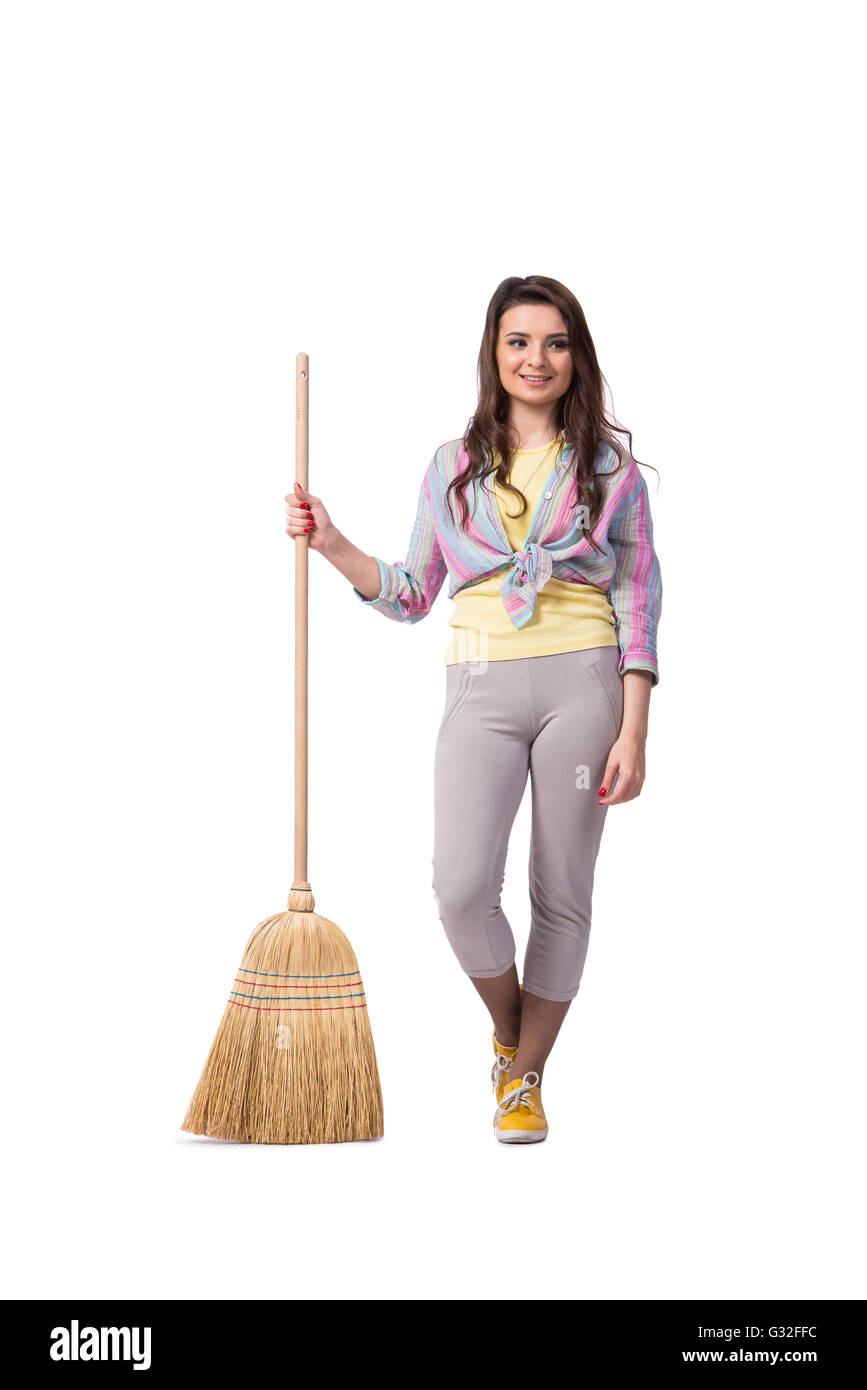 Woman sweeping floor isolated on white Stock Photo - Alamy
