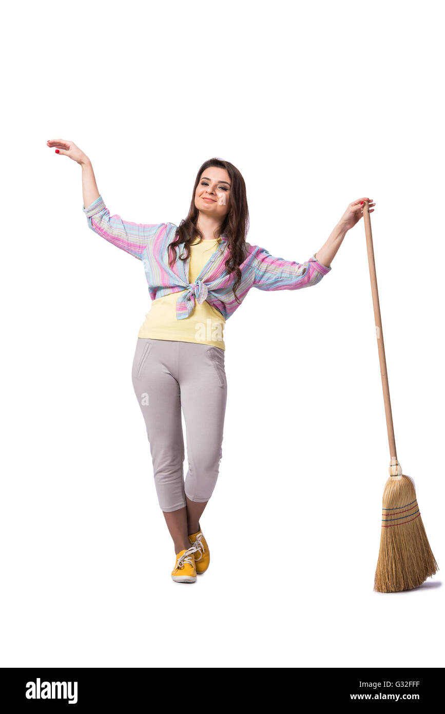 Woman sweeping floor isolated on white Stock Photo - Alamy