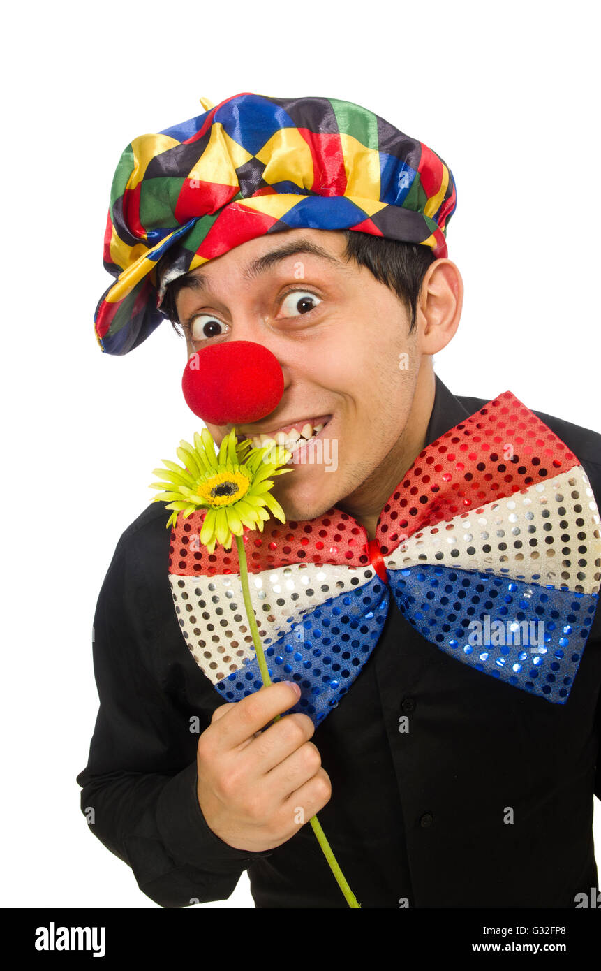Funny clown with flowers isolated on white Stock Photo - Alamy