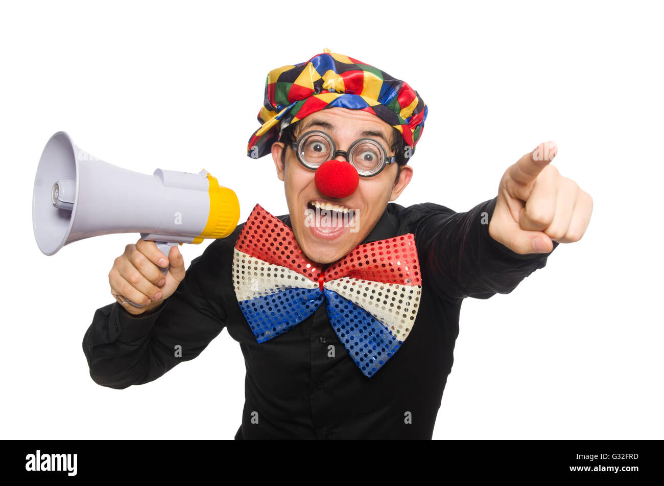Clown with loudspeaker isolated on white Stock Photo - Alamy