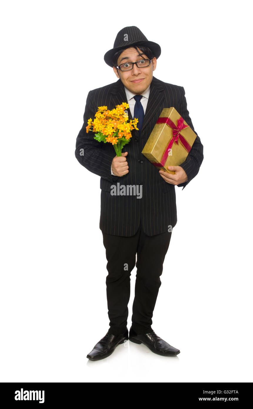 Funny man with flowers and giftbox Stock Photo - Alamy