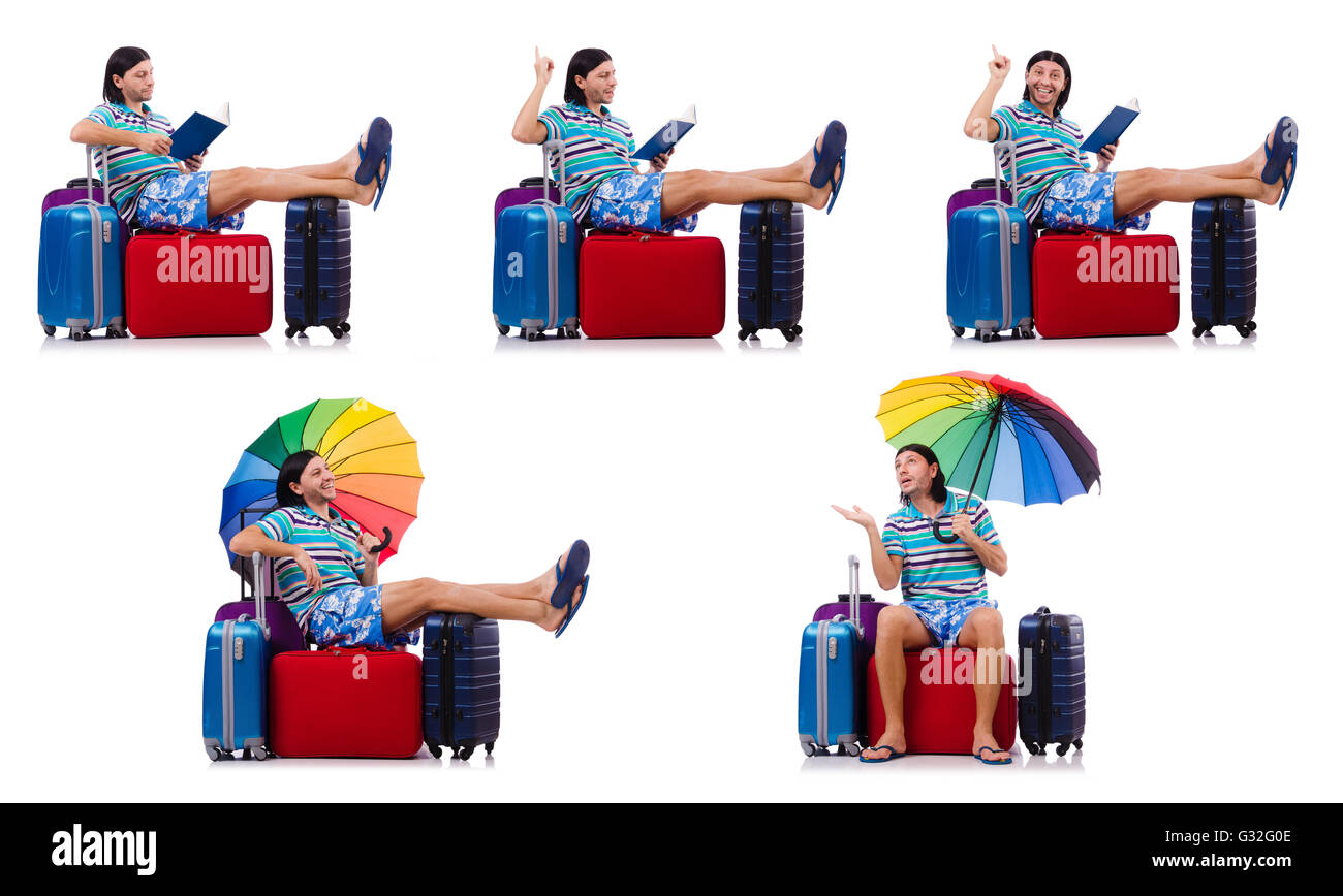 Traveler with red case and umbrella isolated on white Stock Photo - Alamy