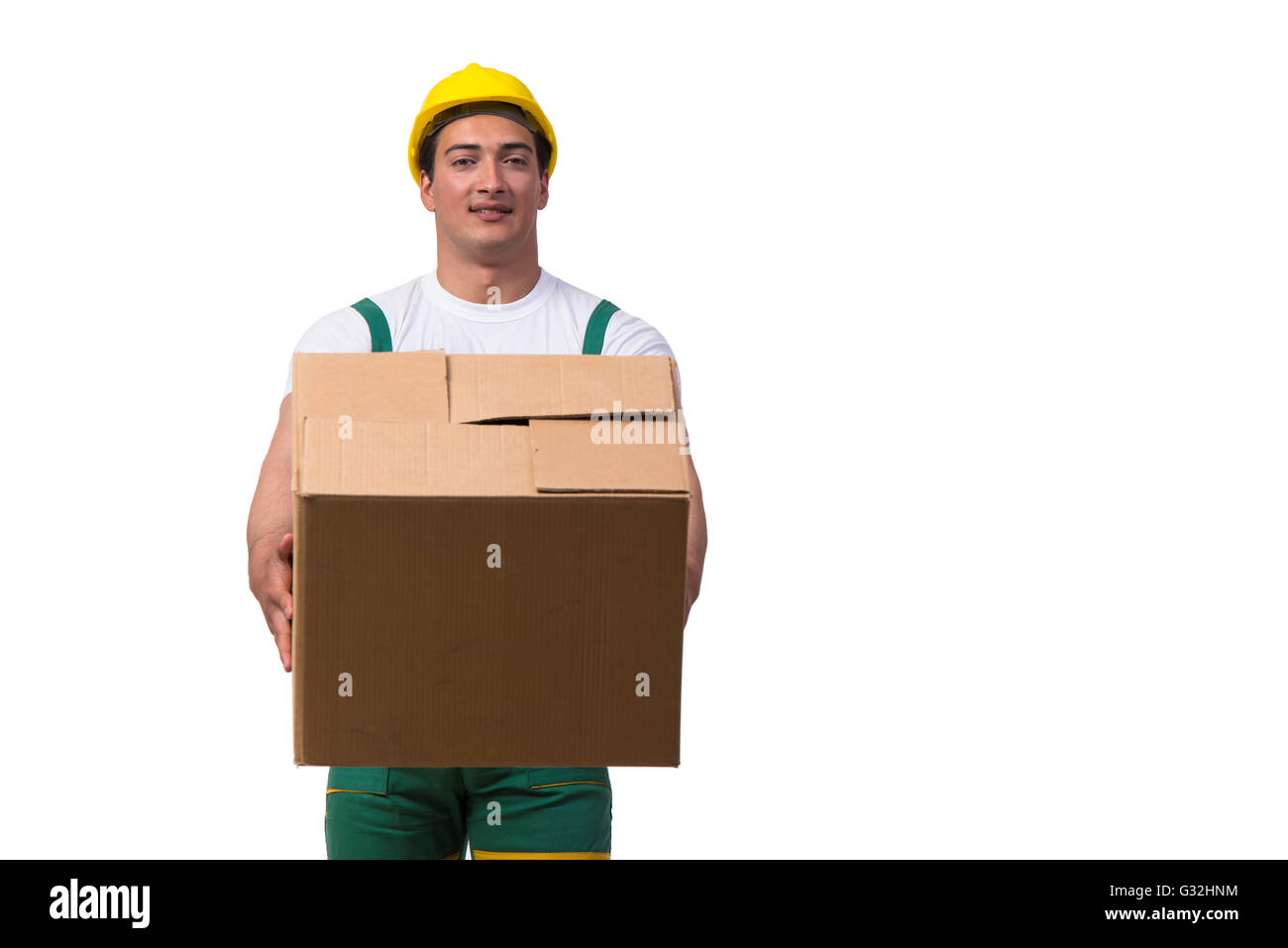 Man moving boxes isolated on the white background Stock Photo - Alamy