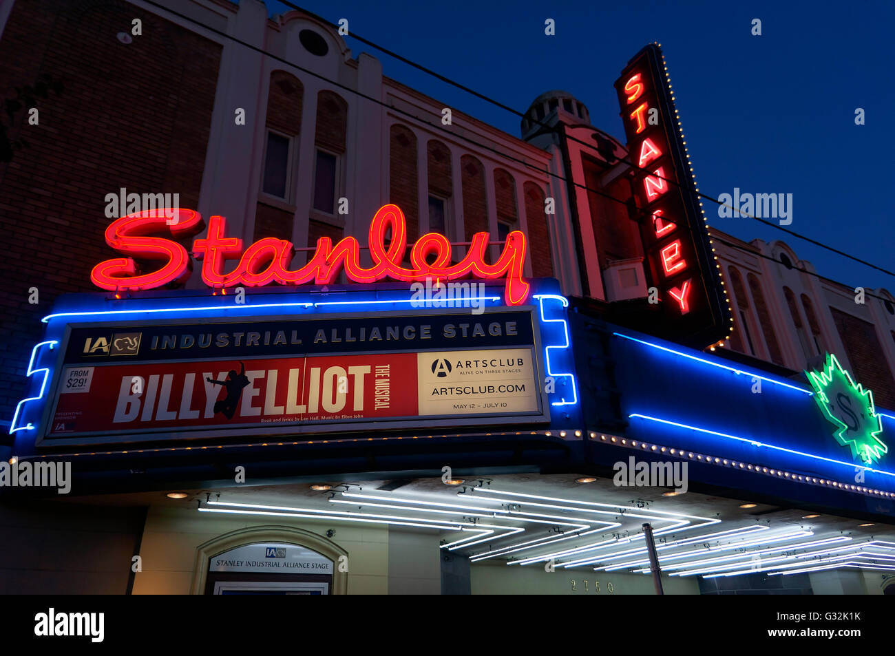 Stanley theatre neon lighted marquee at night, Vancouver, British ...