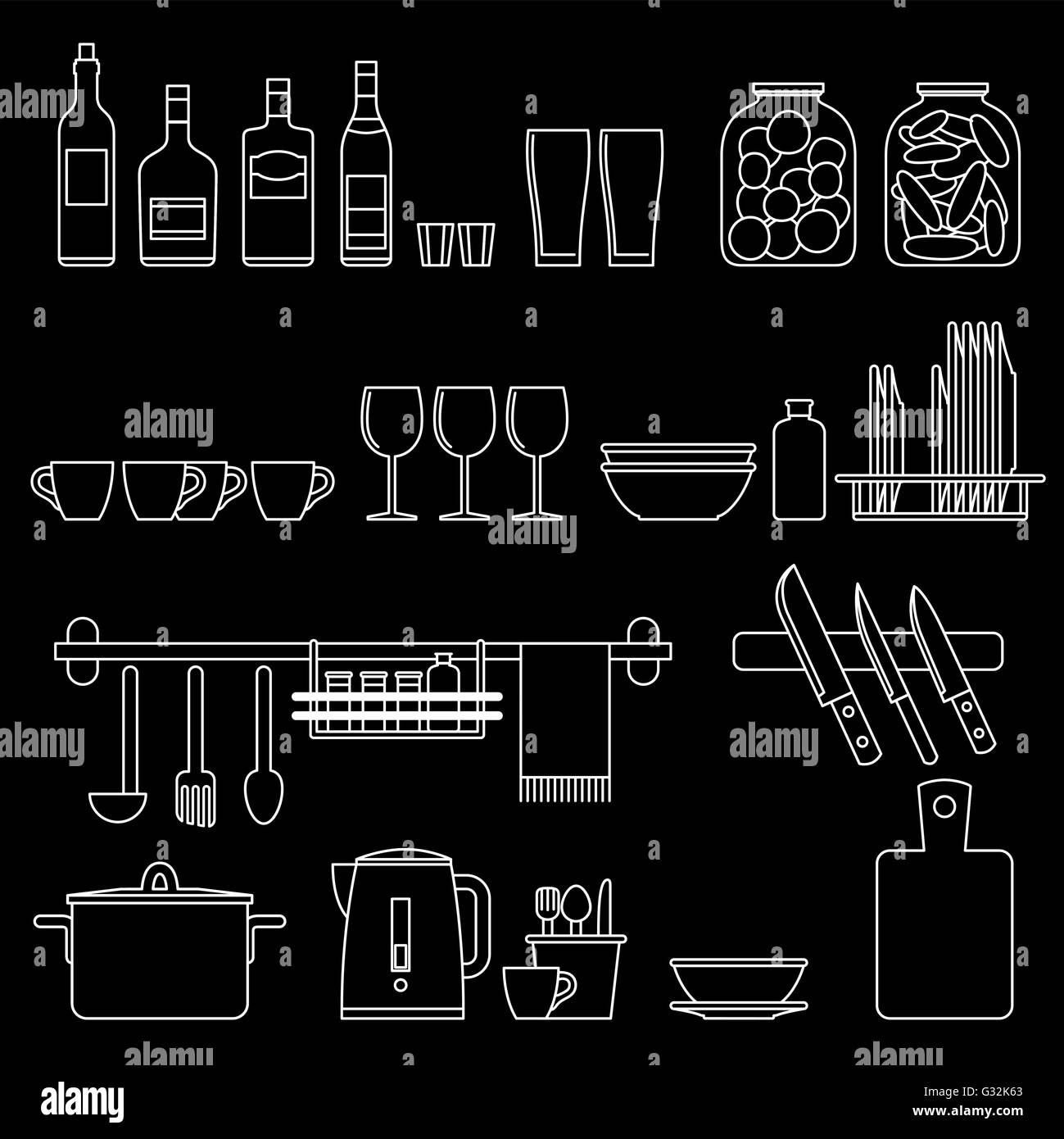 Kitchenware line icon set Black and White Stock Photos & Images - Alamy